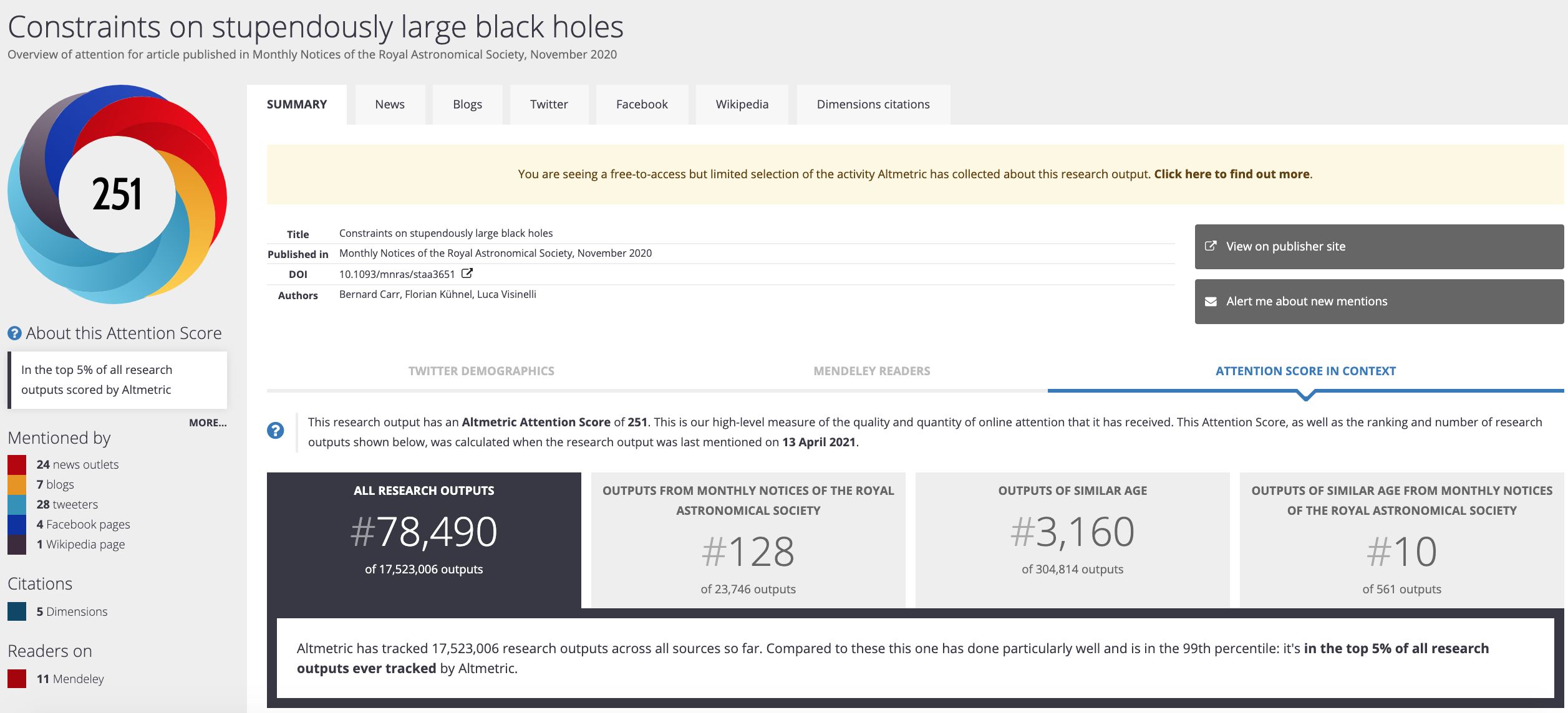 Media coverage of "Constraints on Stupendously Large Black Holes ...